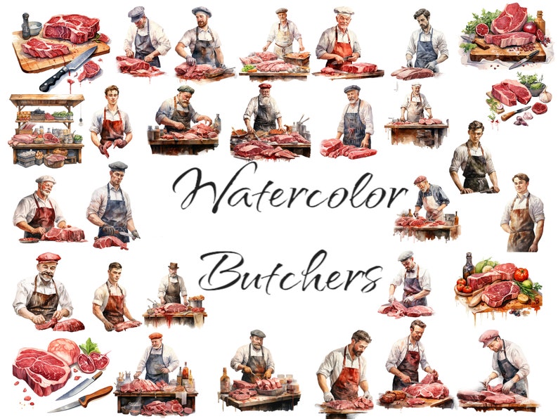 Watercolor Butchers Clipart, Butcher Life, PNG Digital Files on a ...