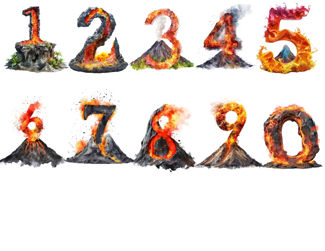 Watercolor Volcano Numbers Clipart, PNG Individual Images on ...