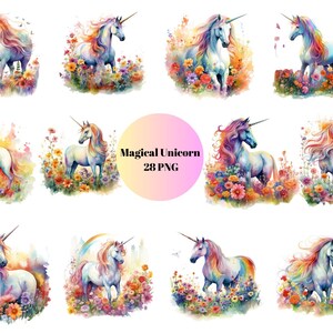 28 Magical Unicorn Watercolor Clipart, Unicorn Clipart, PNG Individual ...