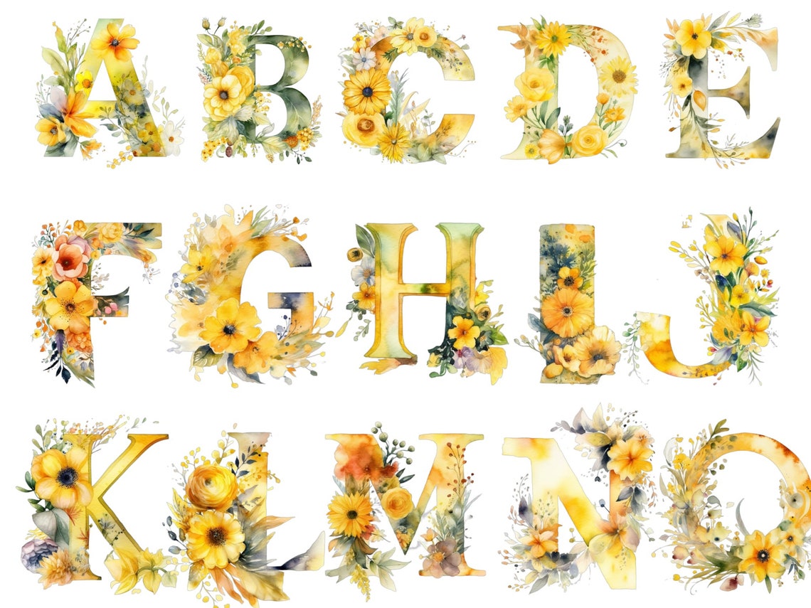 Watercolor Yellow Floral Alphabet Clipart, Transparent Background, High ...