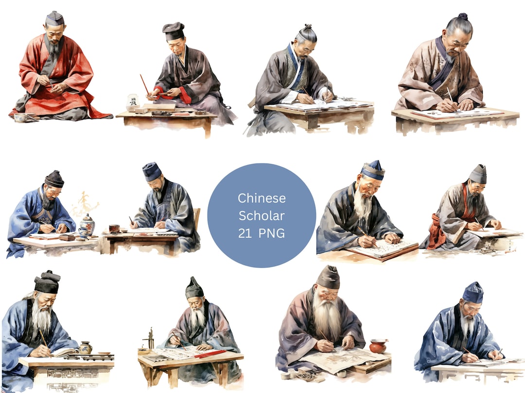 21 Chinese Scholars Watercolor Clipart, China Clipart, PNG Individual ...