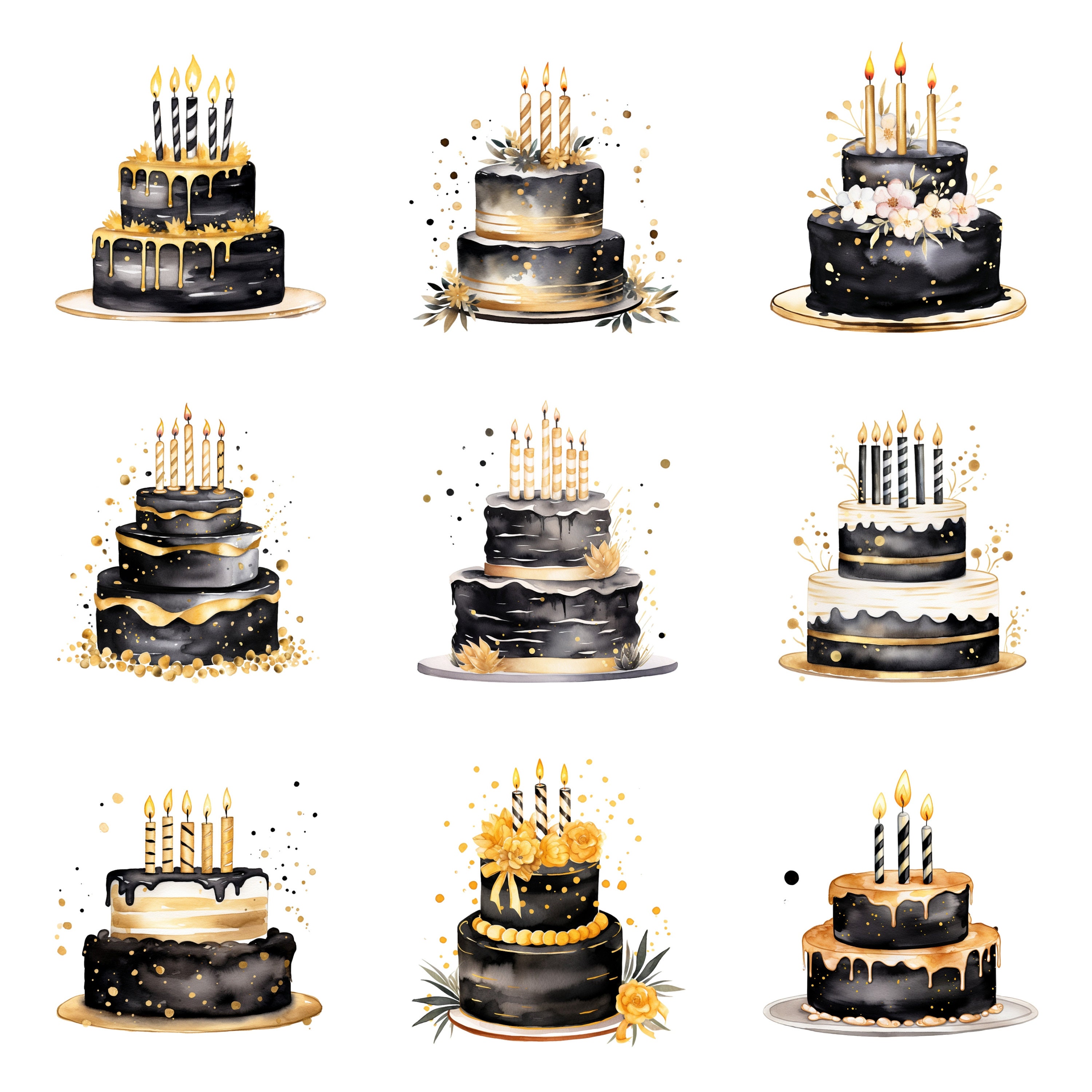 37 Black and Gold Birthday Cakes Watercolor Clipart, Party Clipart, PNG ...