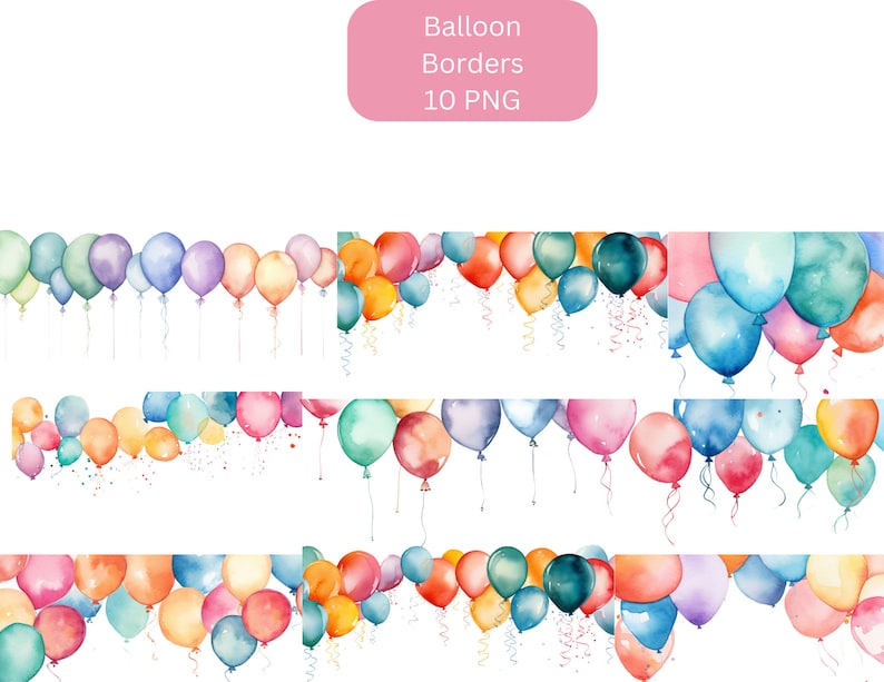 Watercolor Balloon Borders Clipart, PNG Digital Files on Transparent ...