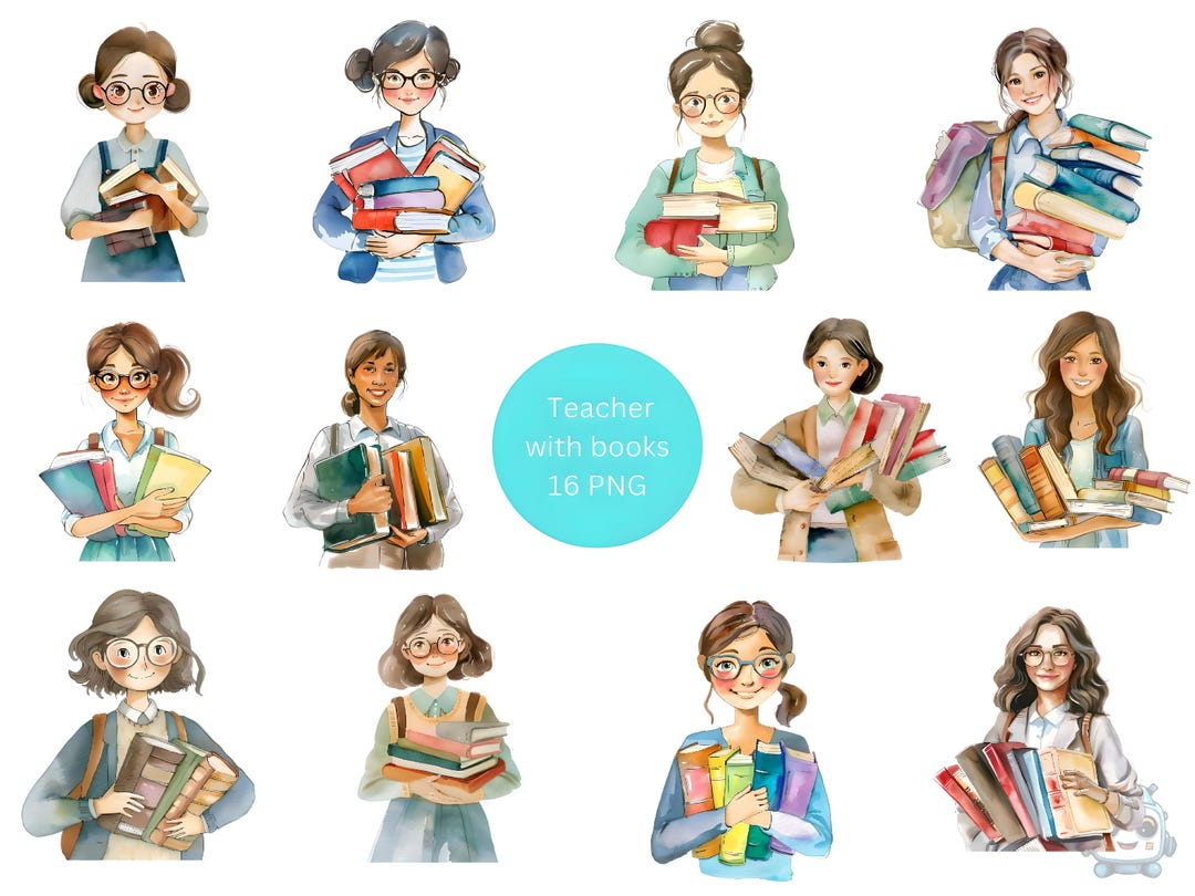 16 Teachers With Books Clipart, Teacher Clipart, PNG Individual Images ...