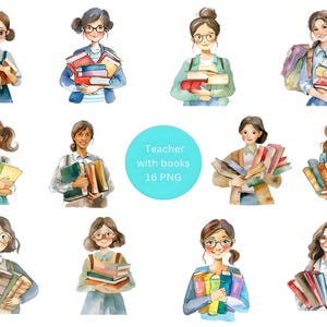 16 Teachers With Books Clipart, Teacher Clipart, PNG Individual Images ...
