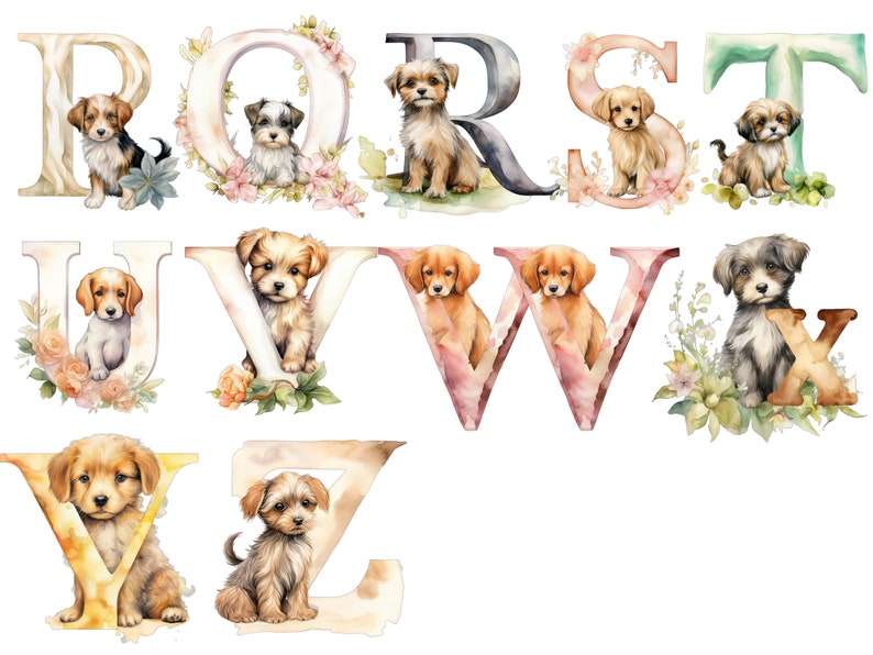 Watercolor Puppy Alphabet Clipart, Transparent Background, High Quality ...