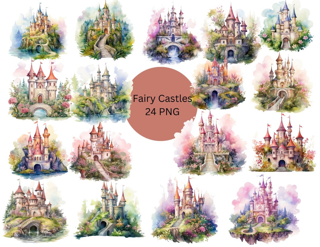 Watercolor Fairy Castles Clipart, PNG Digital Files on a Transparent ...