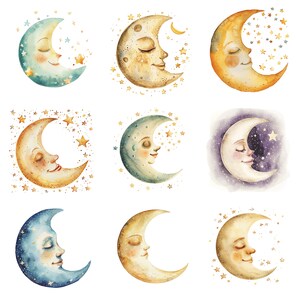 33 Crescent Moons Watercolor Clipart, Whimsical Clipart, PNG Individual ...
