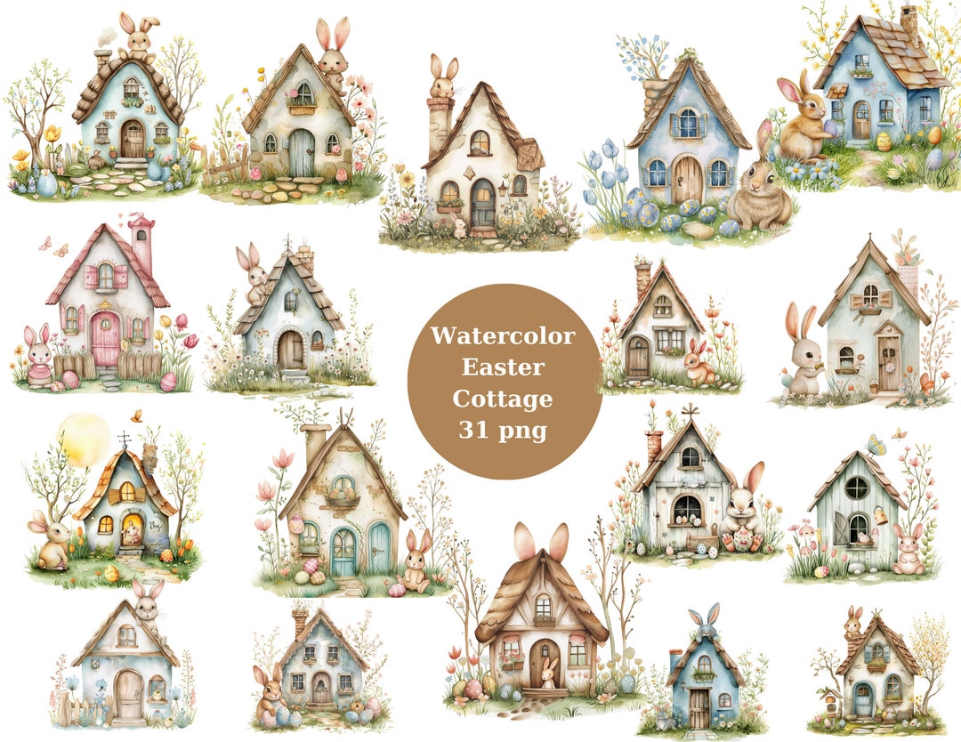 Watercolor Easter Cottage Clipart, PNG Digital Files on a Transparent ...