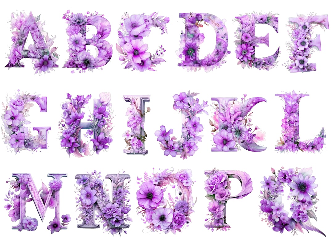 Watercolor Floral Light Purple Alphabet Clipart , Floral Alphabet ...