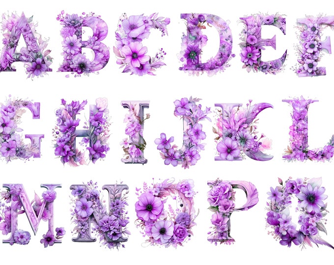 Floral Purple Alphabet Clipart | Floral Alphabet PNG | Alphabet PNG ...