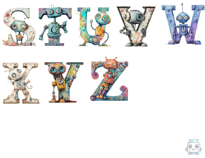 Watercolor Robot Alphabet Clipart, PNG Individual Images on Transparent ...