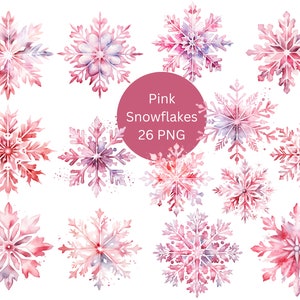 Watercolor Pink Snowflakes Clipart, PNG Digital Files on a Transparent ...