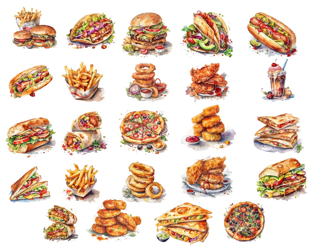 Watercolor Fast Food Clipart, PNG Digital Images, Transparent ...