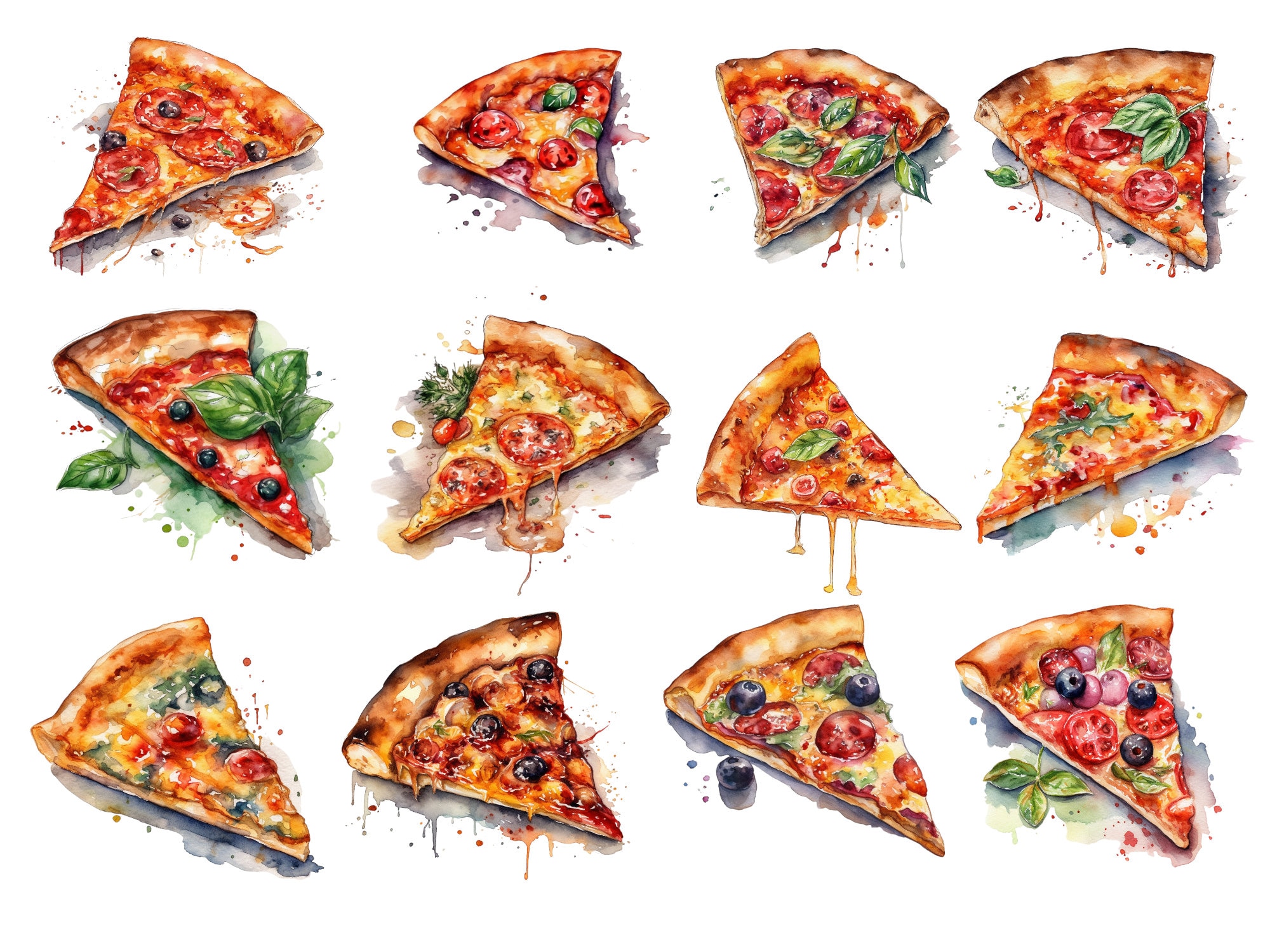 Watercolor Pizza Slices Clipart PNG Digital Images High - Etsy