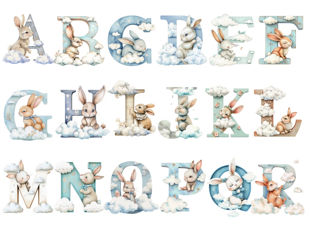 Rabbit and Clouds Alphabet Watercolor, Giraffe Letters, Transparent ...