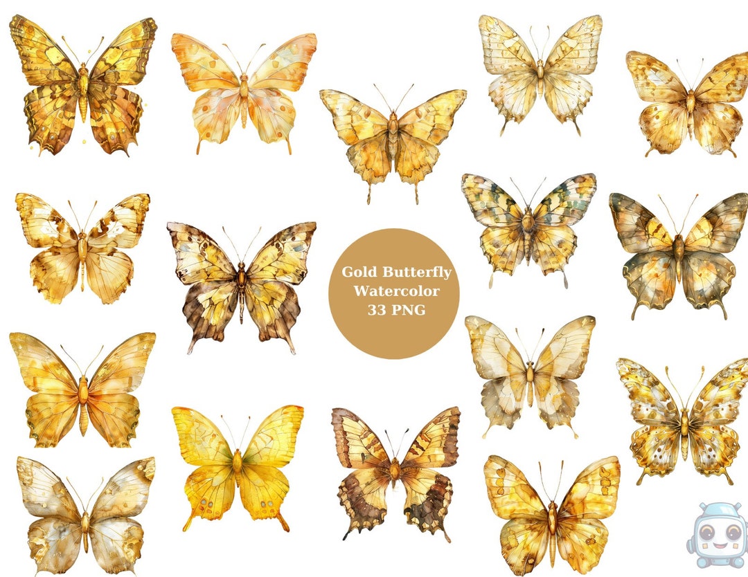 33 Watercolor Gold Butterfly Clipart, PNG Individual Images on ...