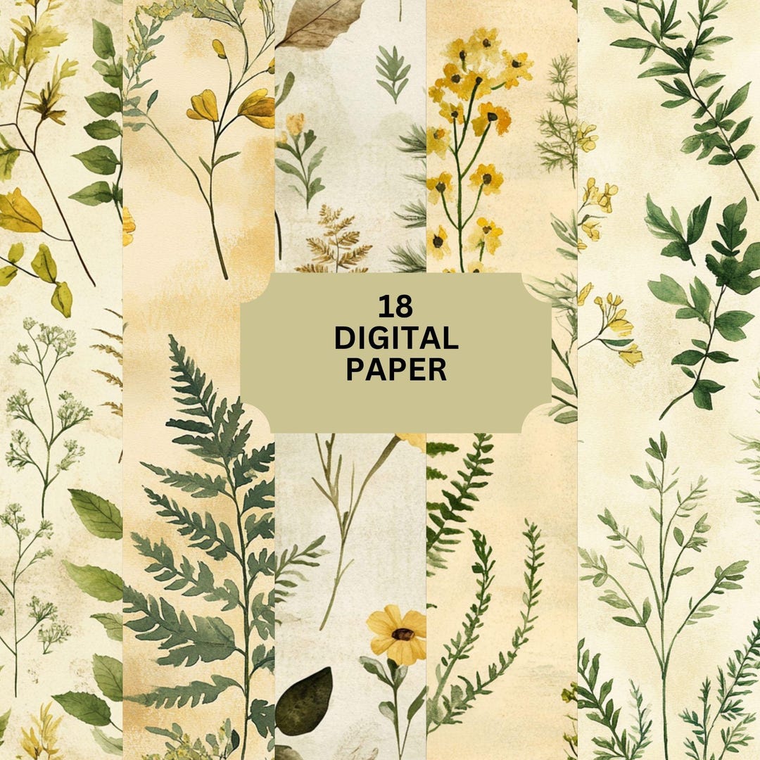 Botanical Digital Paper Pack – Green and Yellow Watercolor Plants ...