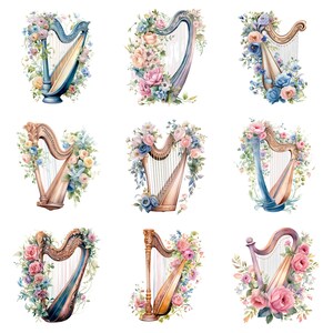 Watercolor Floral Harps Clipart, PNG Digital Files on Transparent ...