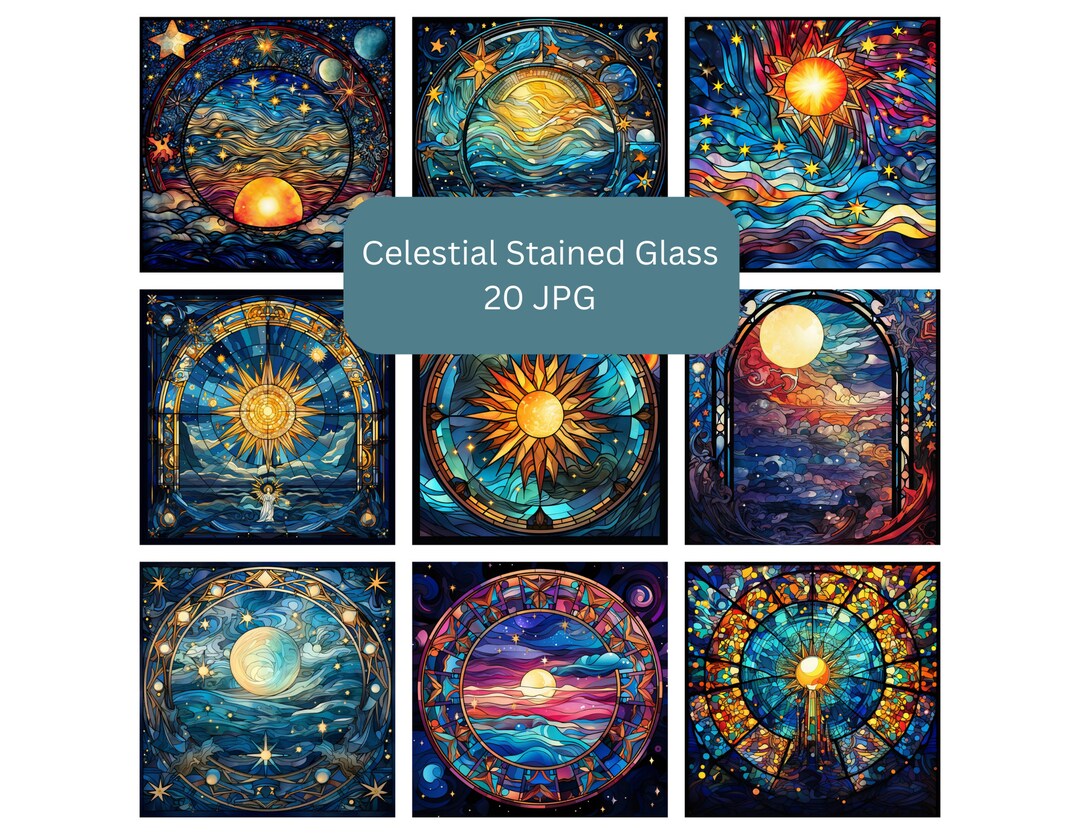 Celestial Stained Glass Clipart, Digital Paper, Wallpaper, Commercial ...