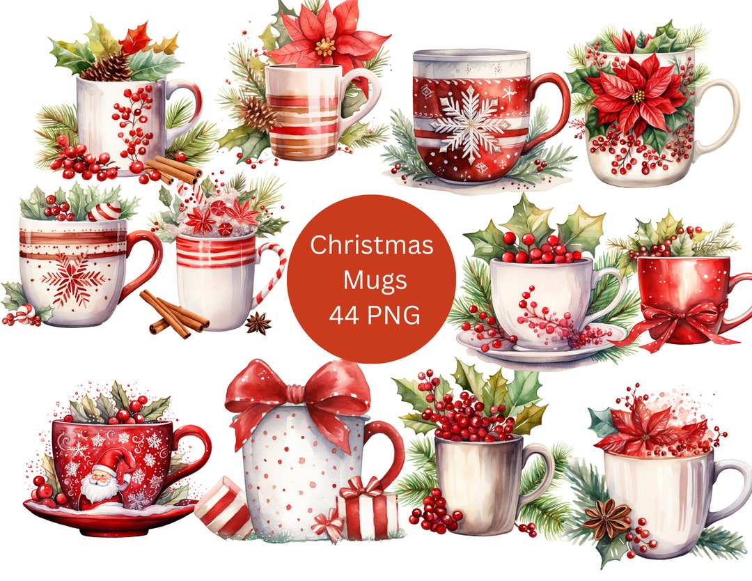 Watercolor Christmas Mugs Clipart, PNG Digital Files on Transparent ...