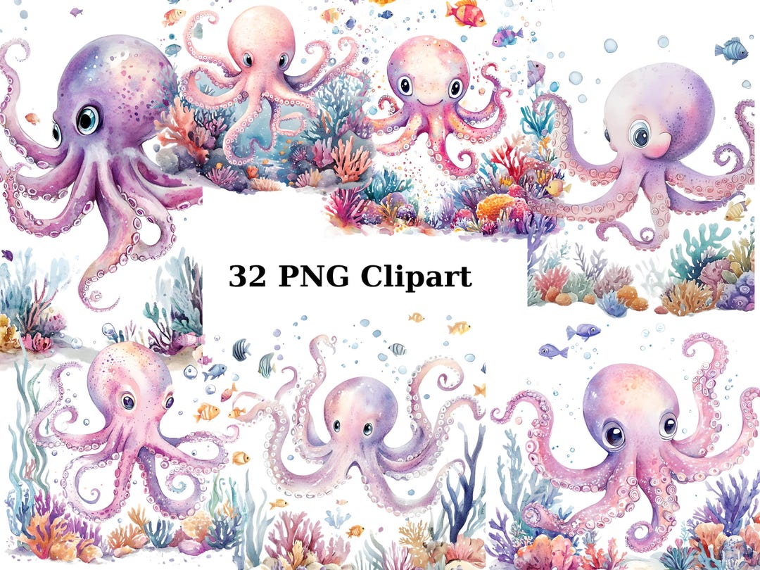 32 Pastel Octopuses Watercolor Clipart, Animals Clipart, PNG Individual ...
