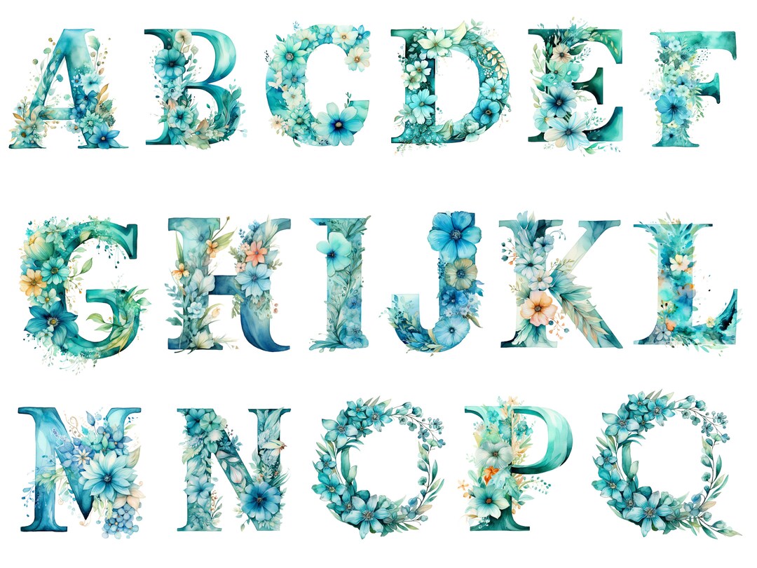 Watercolor Floral TURQUOISE Alphabet Clipart , Floral Alphabet ...