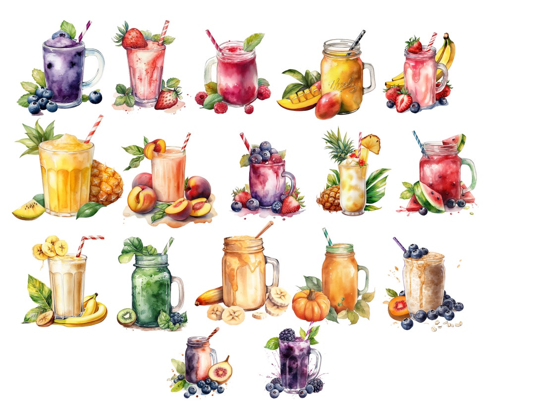 Smoothie Bundle, Watercolour, 17 Delicious PNG Images, Transparent ...