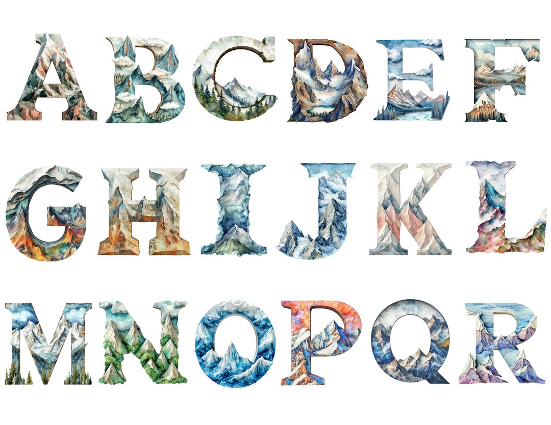 Watercolor Mountain Alphabet Clipart, PNG Individual Images on ...