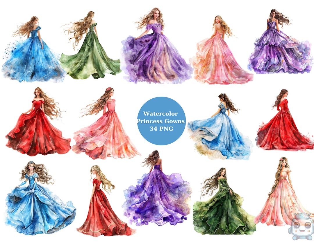 Watercolor Princess Gowns Clipart, PNG Digital Files on Transparent ...