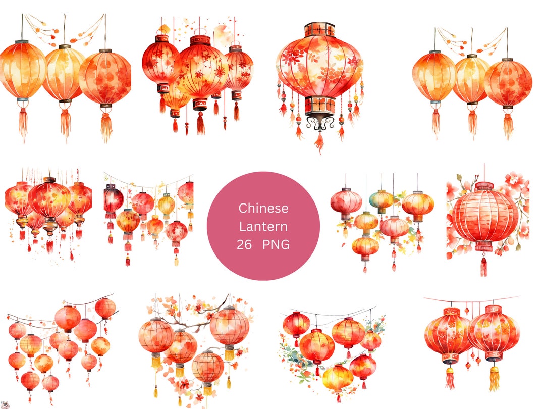 26 Chinese Lanterns Watercolor Clipart, China Clipart, PNG Individual ...