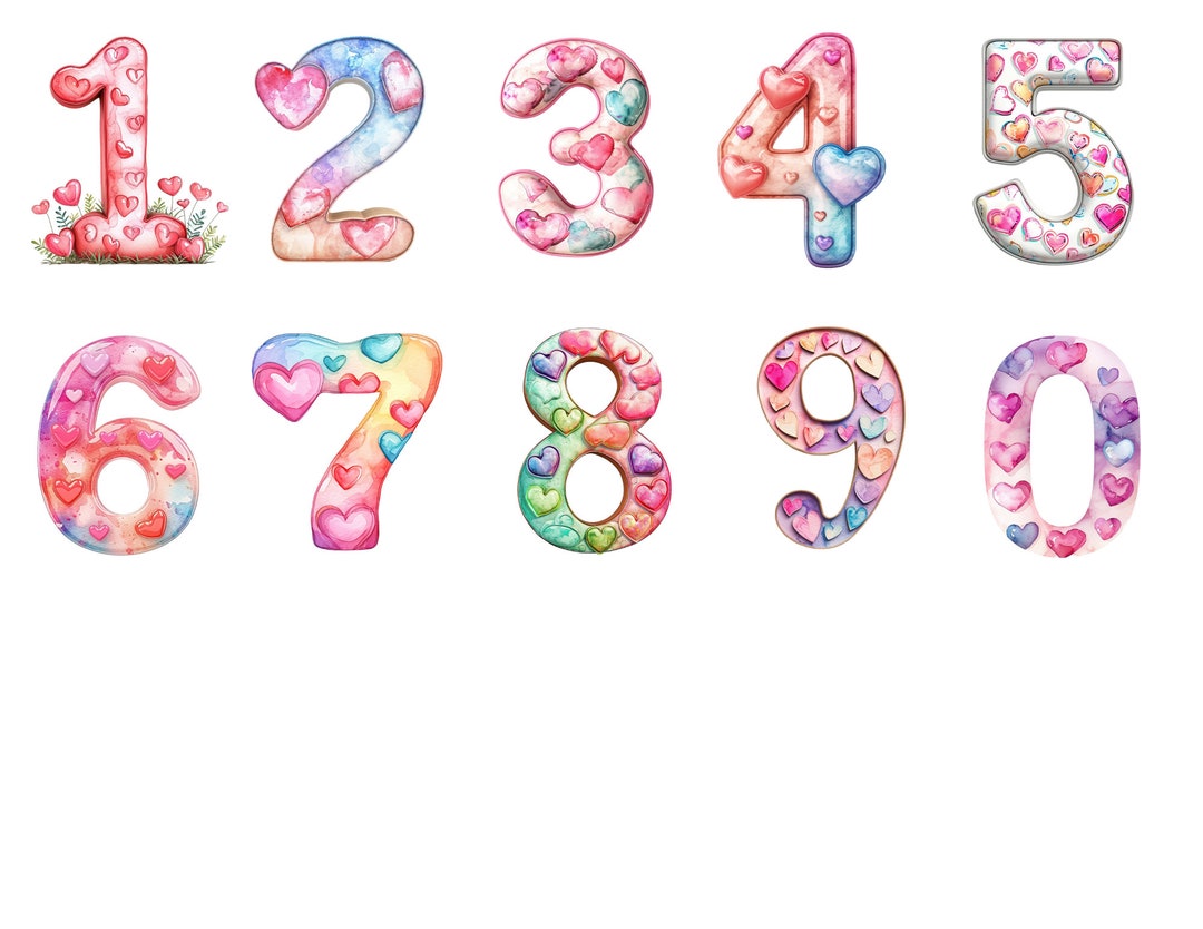 Watercolor Heart Numbers Clipart, PNG Individual Images, Commercial Use ...