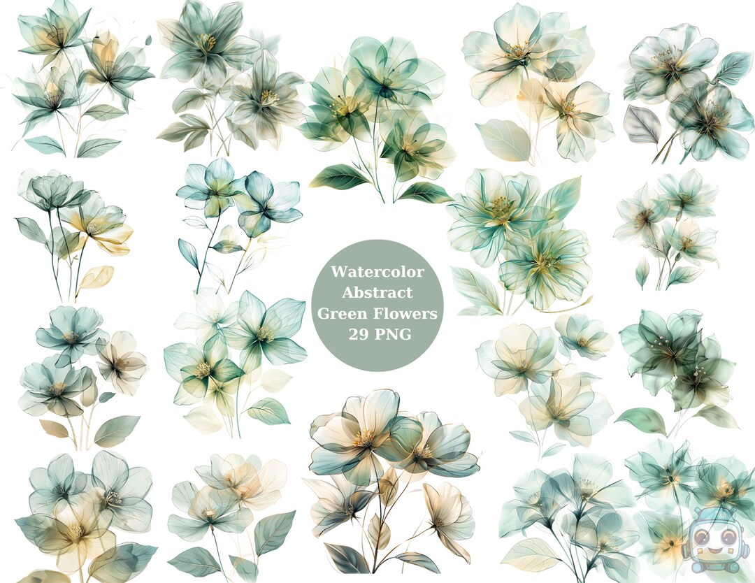 Watercolor 29 Abstract Green Flowers Clipart, PNG Individual Images on ...