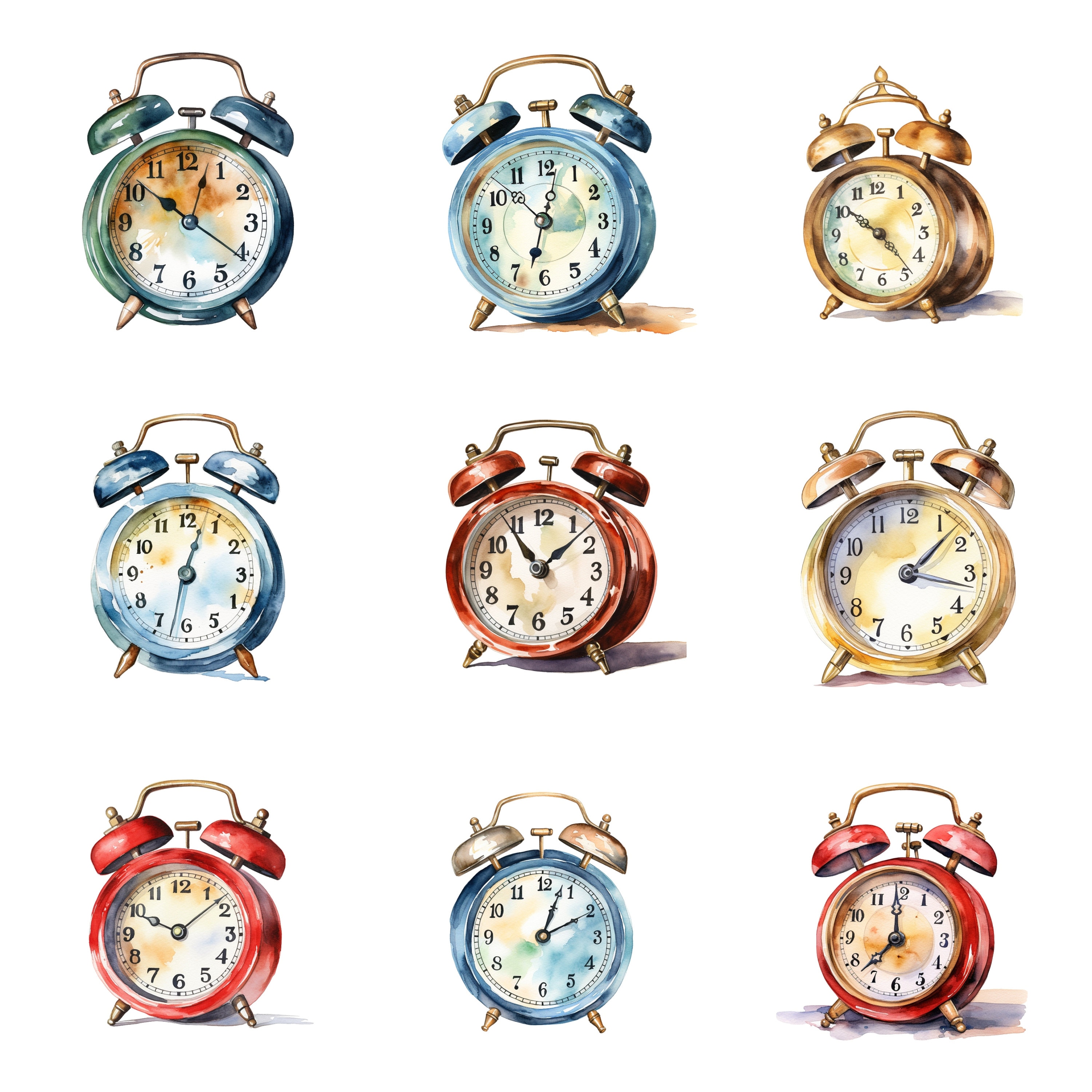 32 Alarm Clocks Watercolor Clipart, Items Clipart, PNG Individual ...