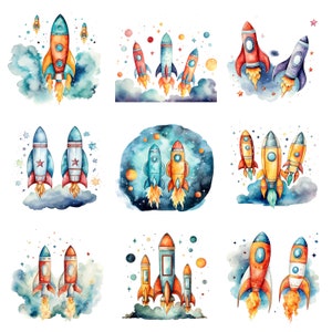 Watercolor Rocket Ships Clipart, PNG Digital Files on Transparent ...