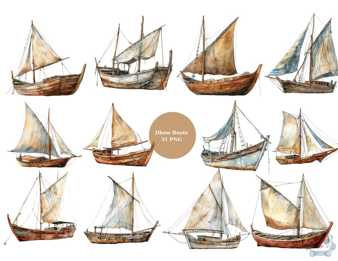 31 Dhow Boats Watercolor Clipart, Nautical Clipart, PNG Individual ...