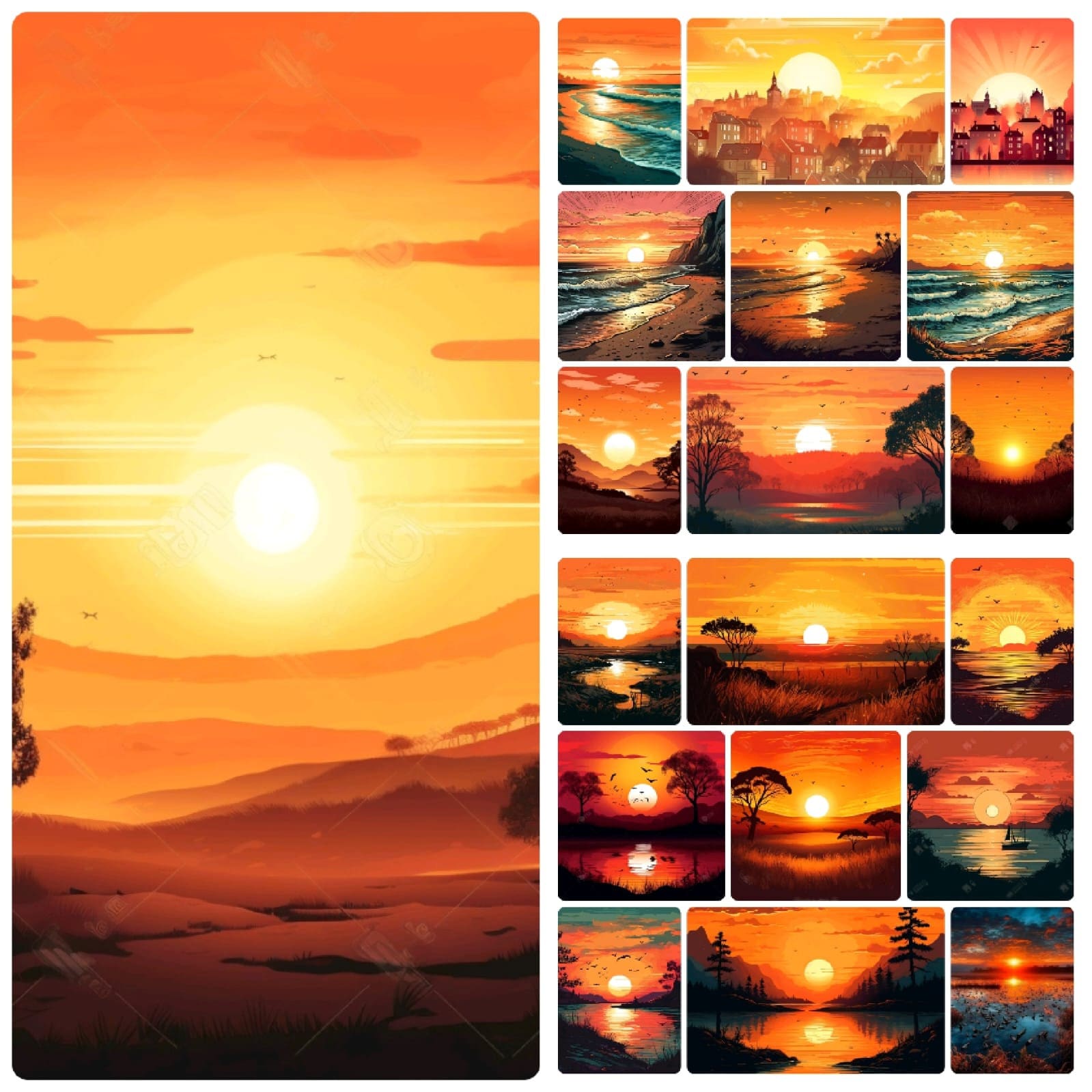 23 Sunrise Sunset Portraits PNG Files, Half Watercolour, Illustration ...