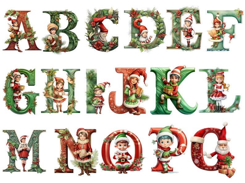 Elf Christmas Alphabet Clipart Alphabet Transparent - Etsy