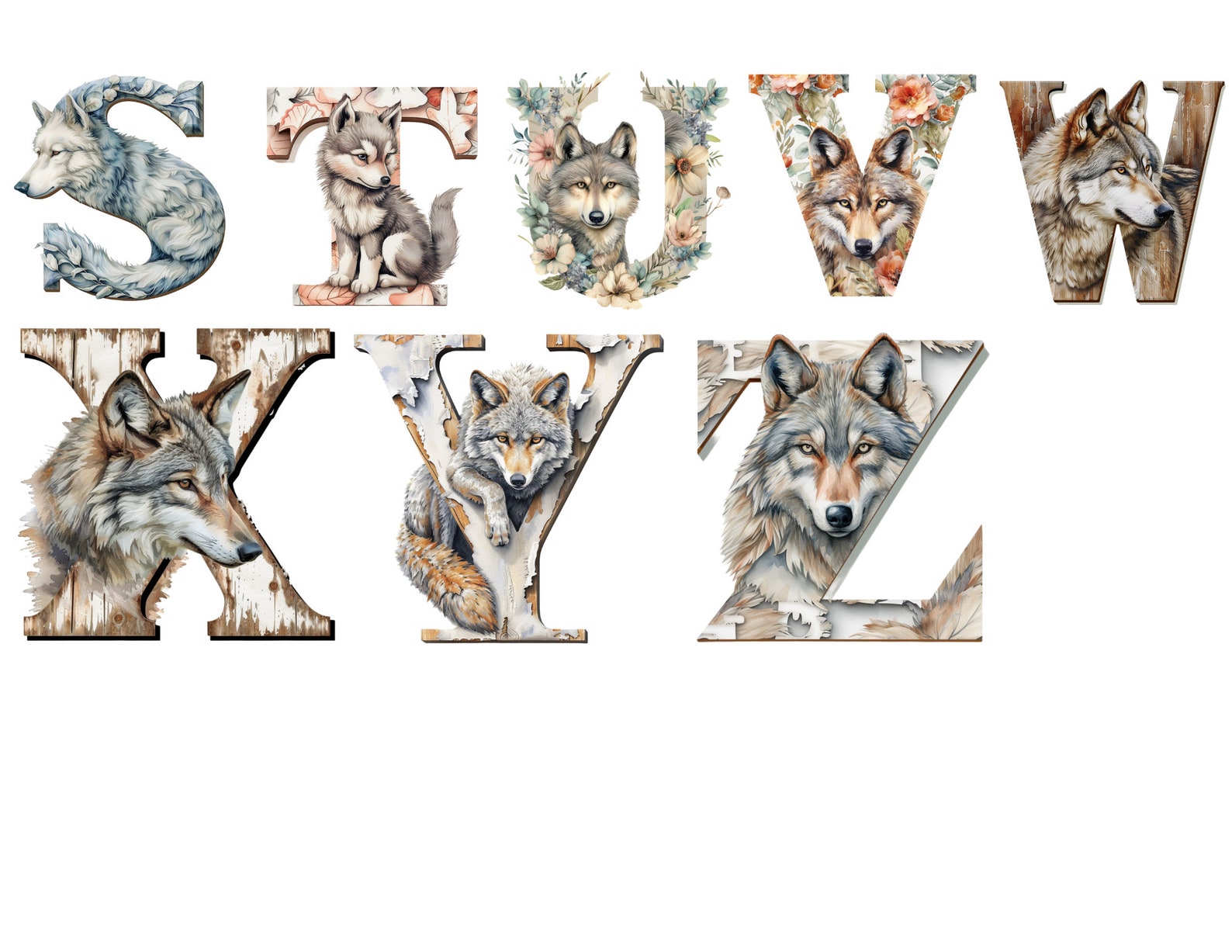 Watercolor Wolf Alphabet Clipart, PNG Individual Images on Transparent ...