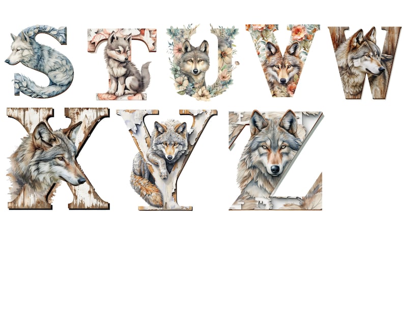 Watercolor Wolf Alphabet Clipart, PNG Individual Images on Transparent ...