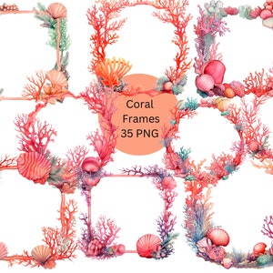 Watercolor Coral Frames Clipart, Logo Clipart, PNG Digital Files on ...