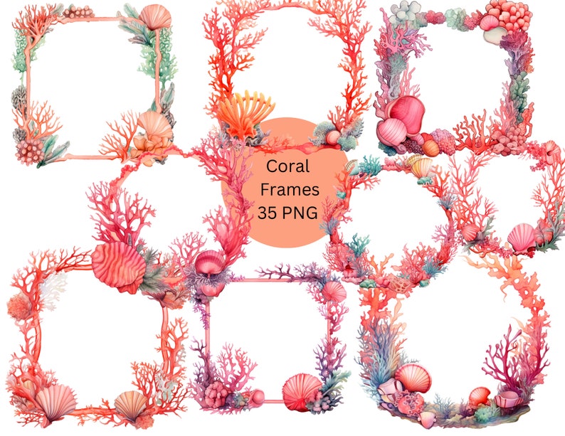 Watercolor Coral Frames Clipart Logo Clipart PNG Digital - Etsy