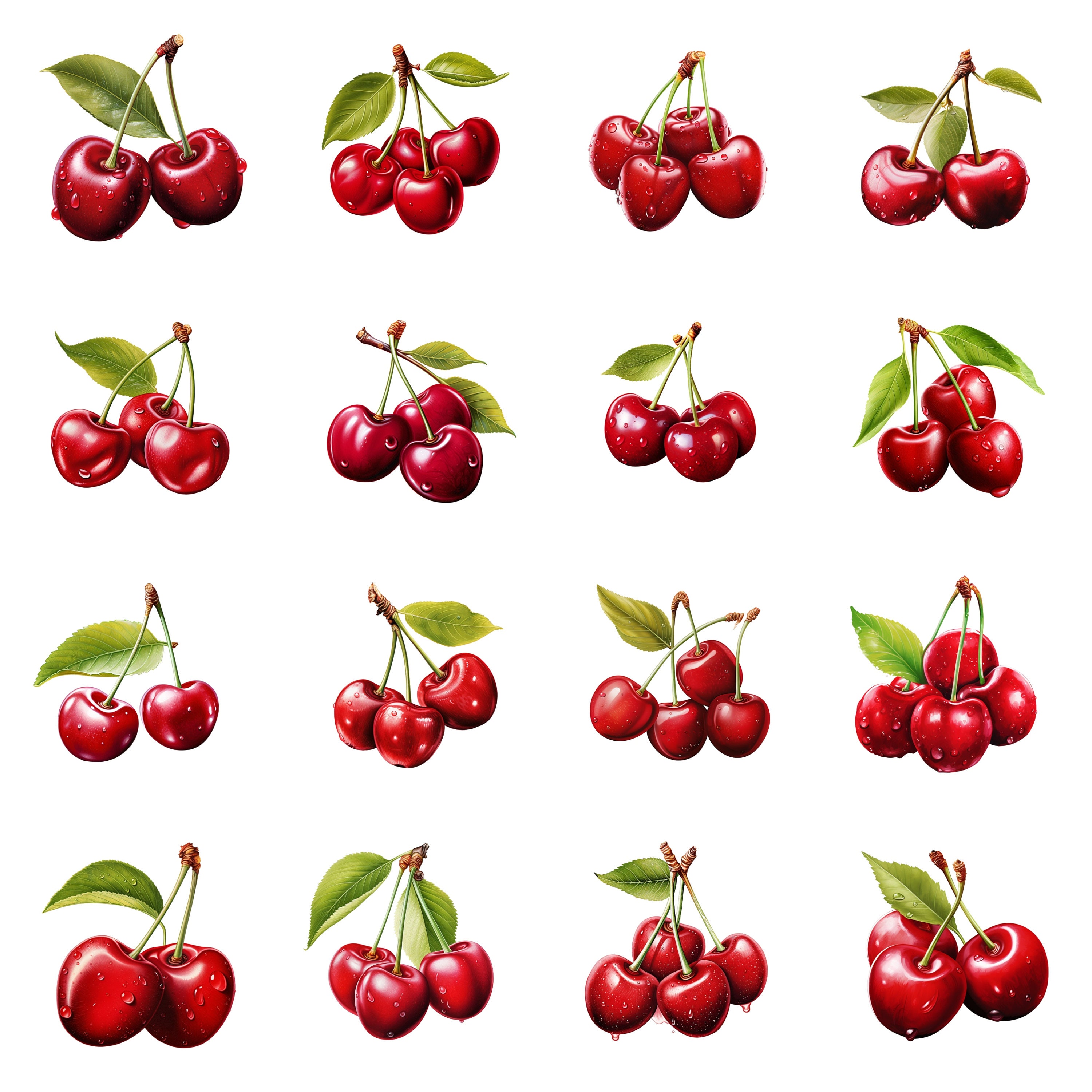 Watercolor 48 Cherries Clipart, PNG Individual Images on Transparent ...