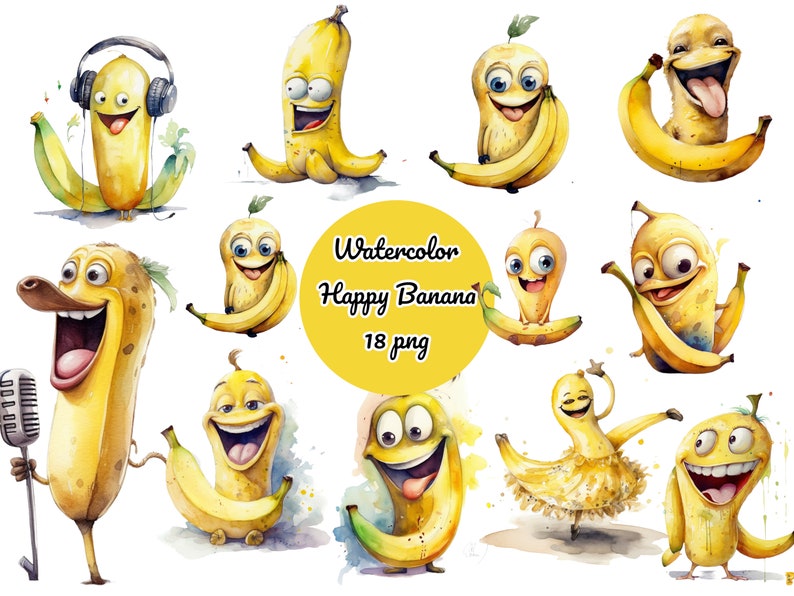 Watercolor Happy Bananas Clipart, PNG Images, Instant Download ...