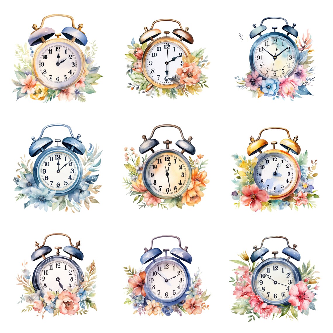22 Floral Alarm Clocks Watercolor Clipart, Floral Clipart, PNG ...