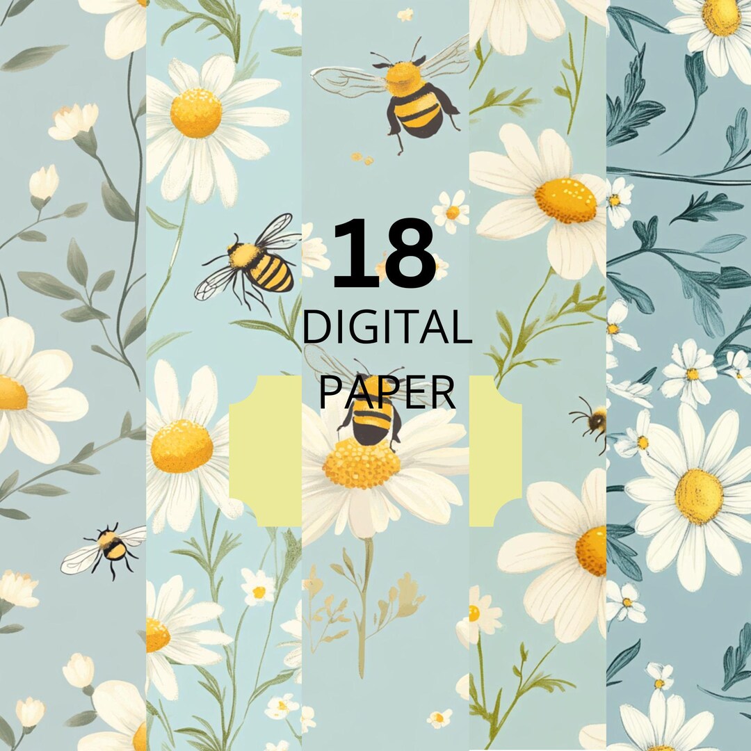 Bee and Daisy Digital Paper – Blue Floral Spring Backgrounds, Cute ...