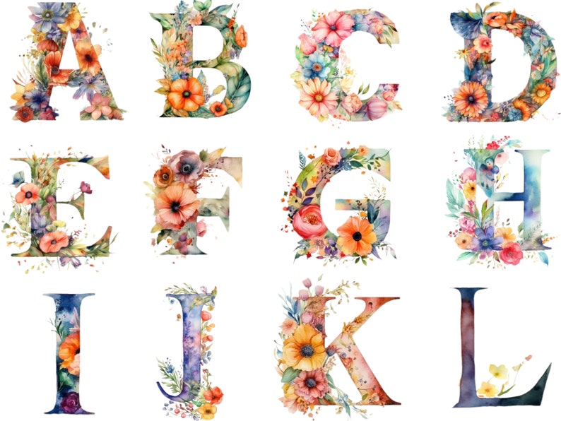 Watercolor Floral Alphabet Clipart , Floral Alphabet, Transparent ...