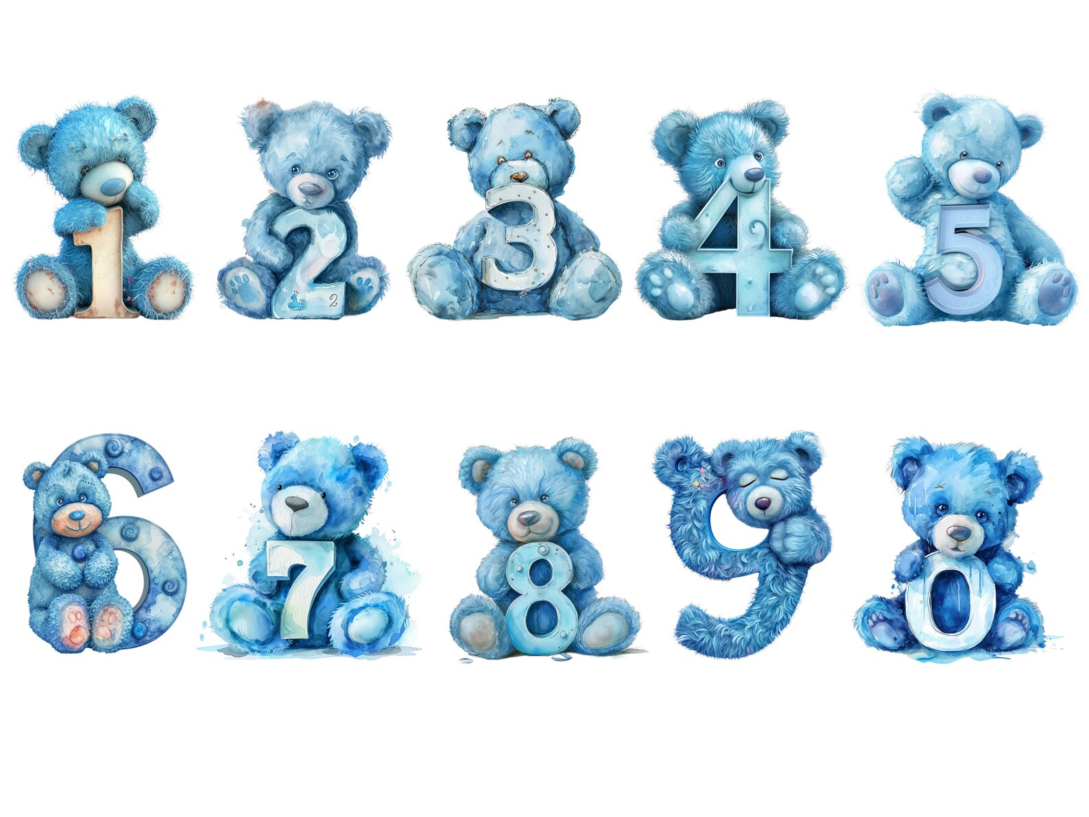 Watercolor Blue Teddy Bear Numbers, Teddy Bear Numbers, Instant ...