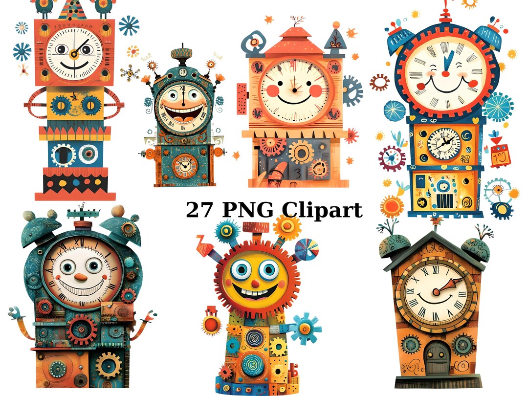 27 Funny Clocks Watercolor Clipart, Whimsical Clipart, PNG Individual ...