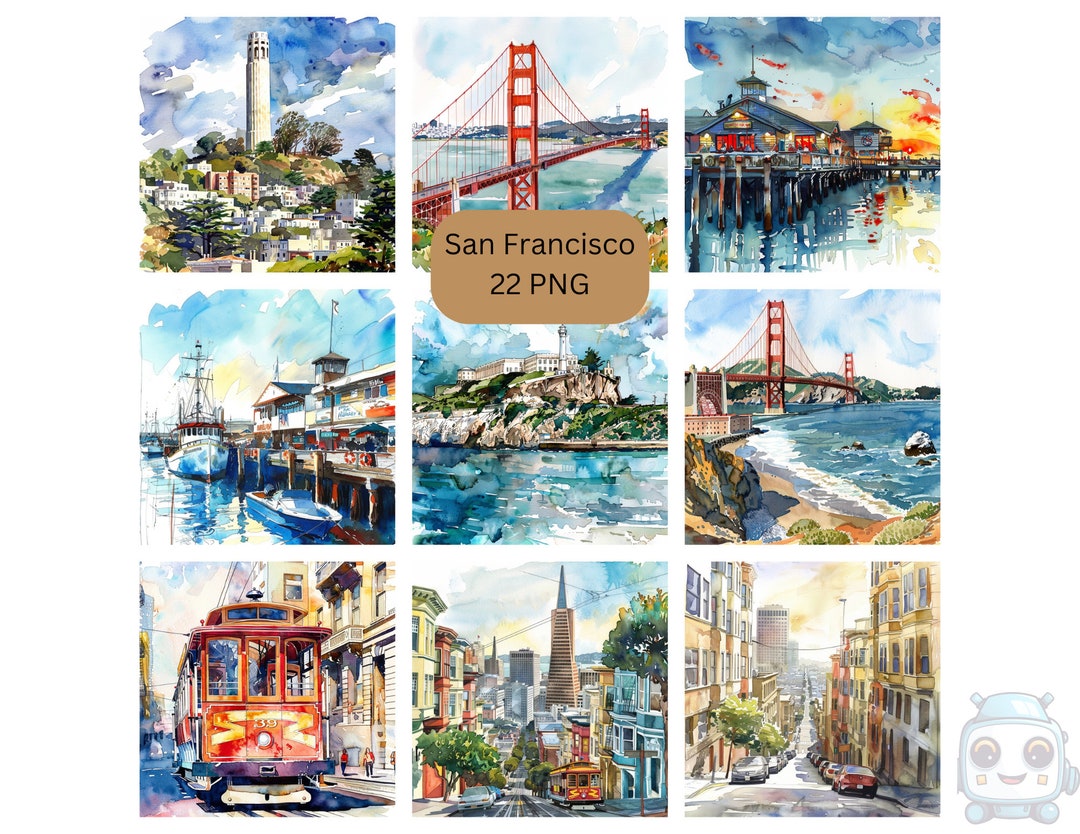 Watercolor San Francisco Clipart, PNG Individual Images on Transparent ...